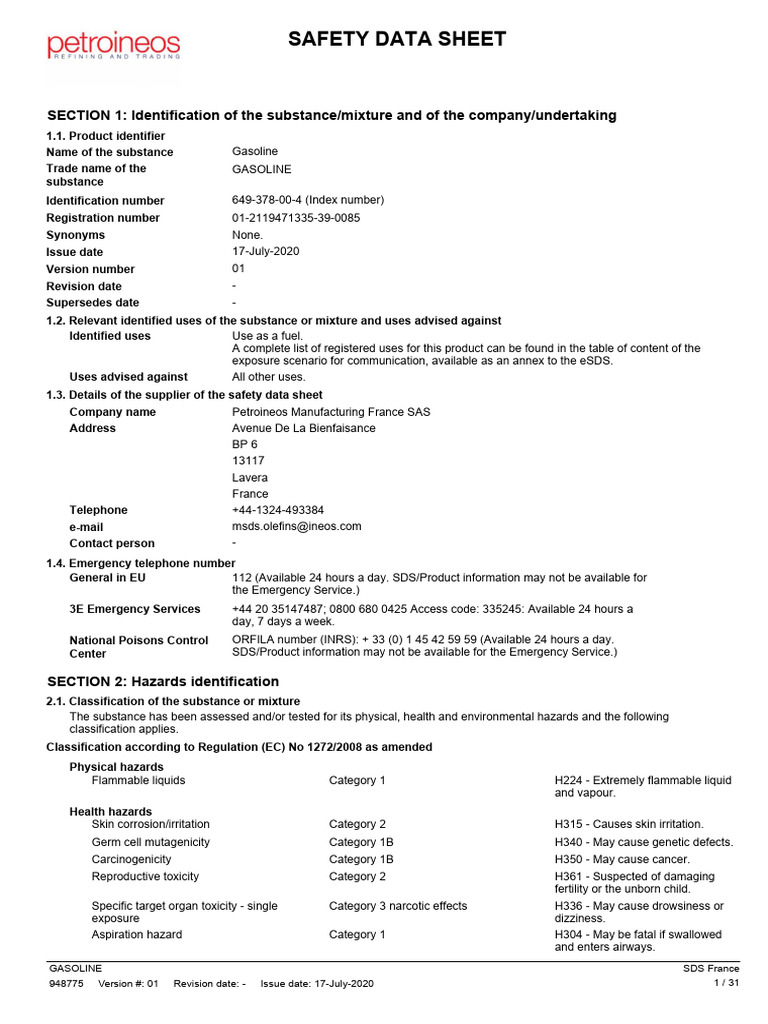 5. MSDS_PETROINEOS_GASOLINE_29.06.2024 | PDF