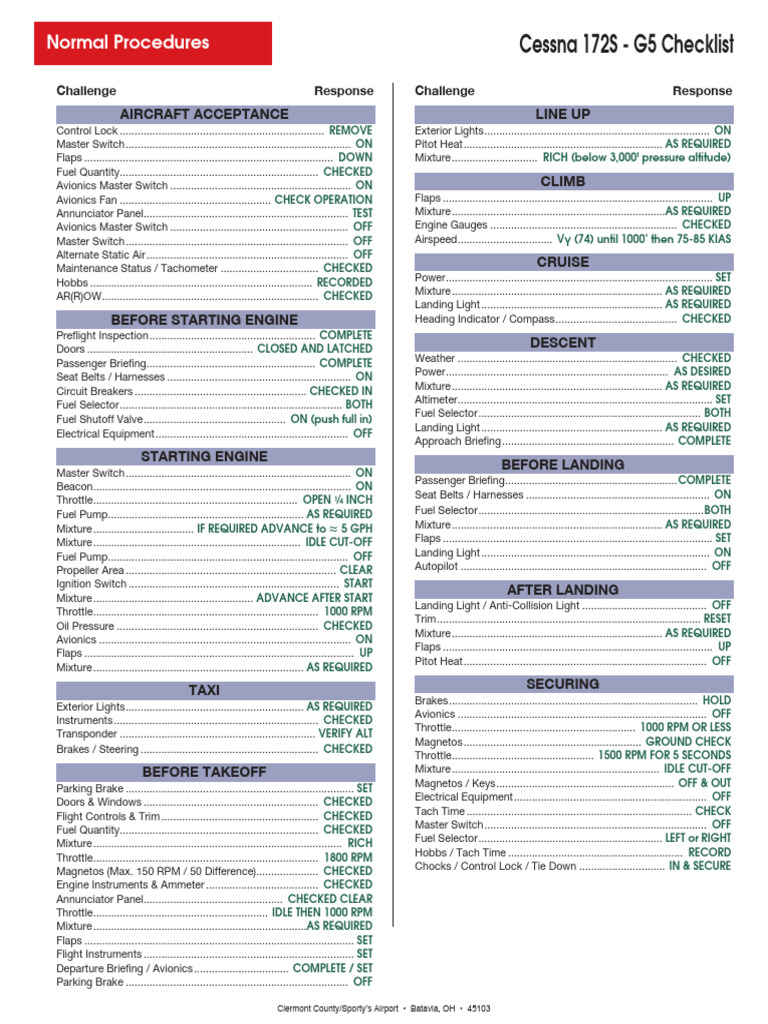 Cessna 172S G5 Checklist | PDF