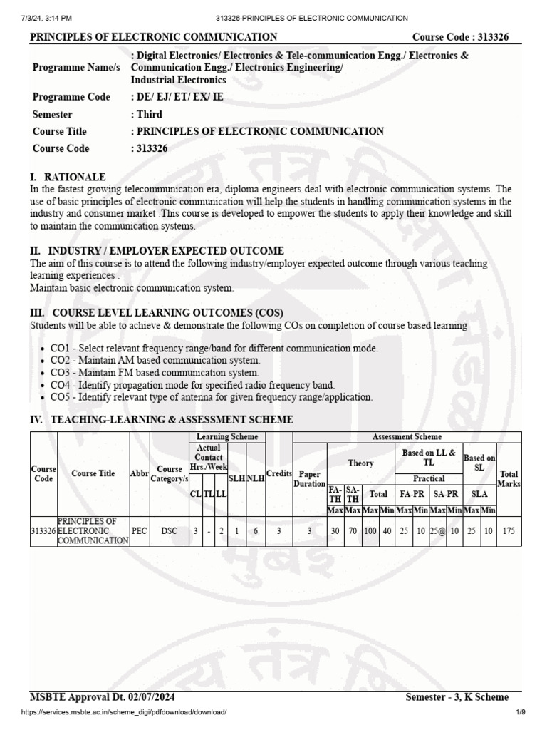 313326-Principles of Electronic Communication 030724 | PDF