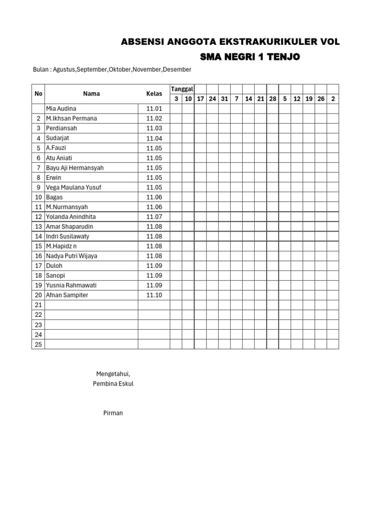 Absen Eskul Voly 11 | PDF
