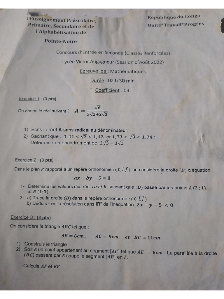 Concours D'entrée en Seconde TOTAL Maths | PDF