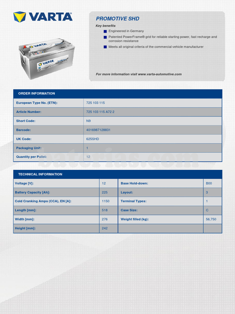 Data Sheet Battery Varta n9 225ah 1150a 12v en | PDF