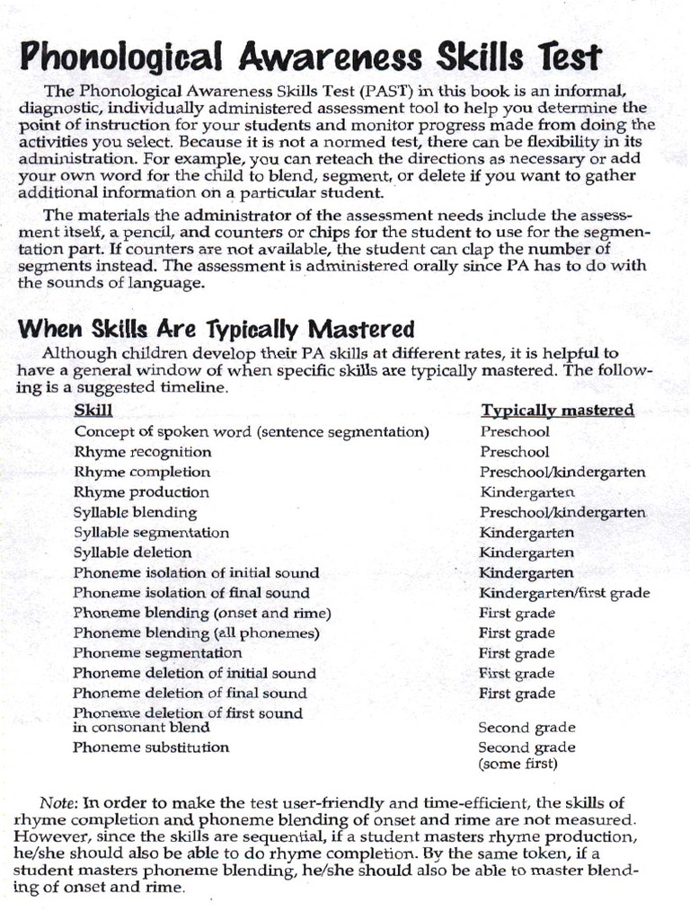 Phonological Awarenenss Skills Test | PDF