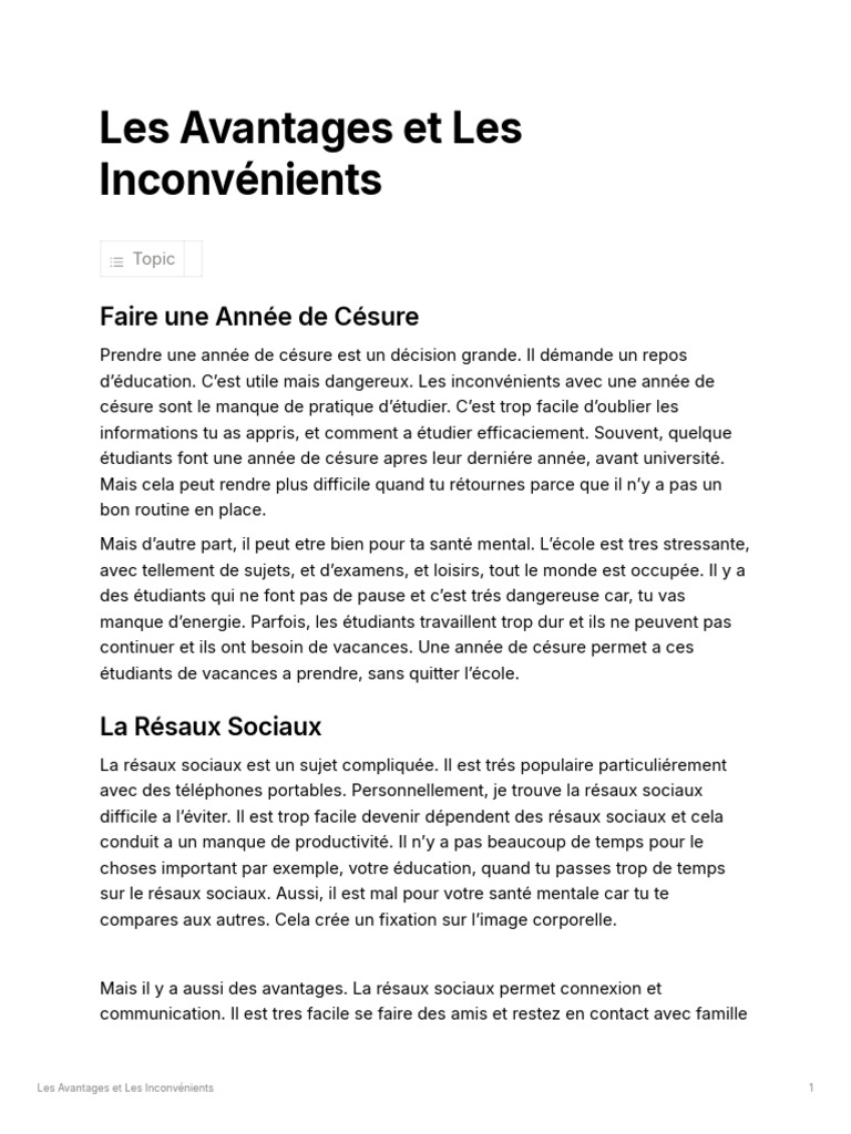 Les Avantages Et Les Inconvénients French Notes | PDF