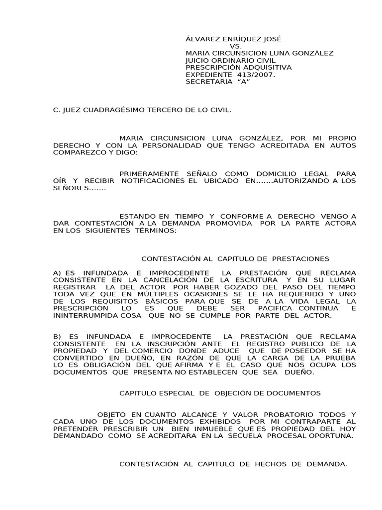Alvarez Enriquez Jose Contest | PDF | Demanda judicial | Ley común