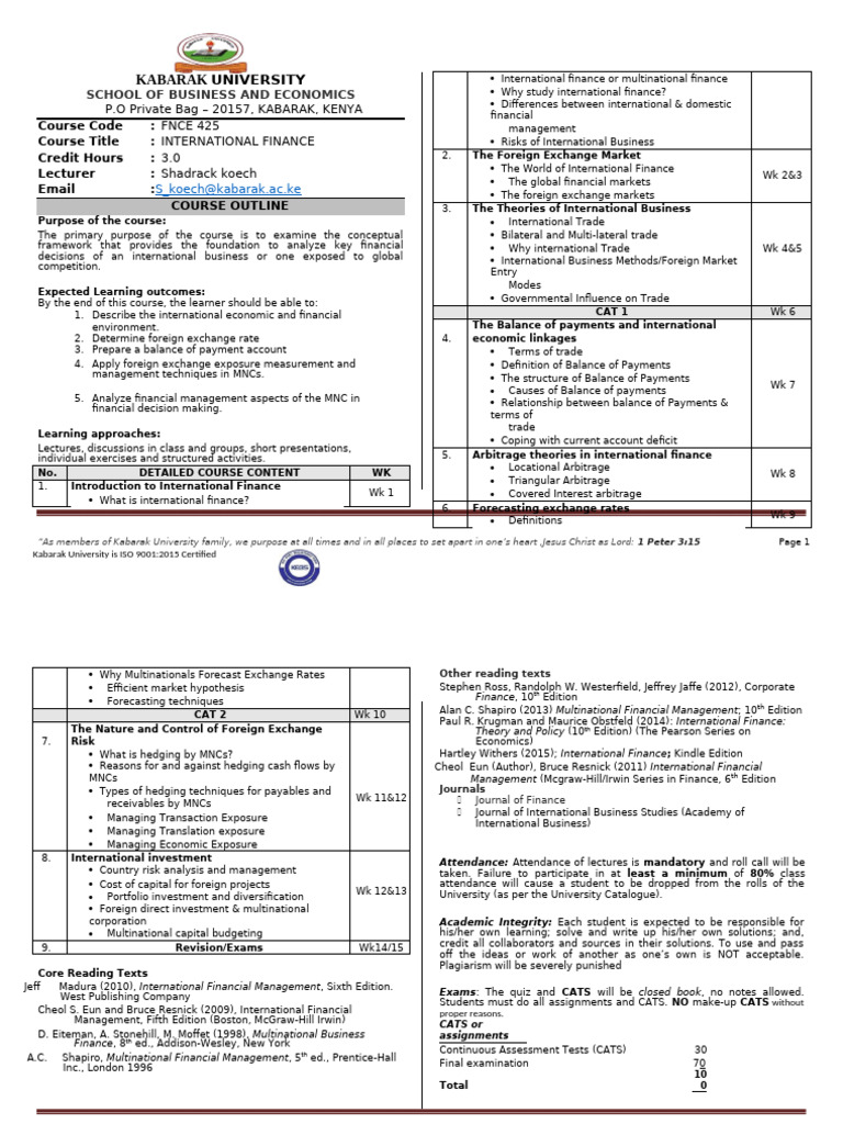 International Finance Course Outline | PDF | Balance Of Payments | Business