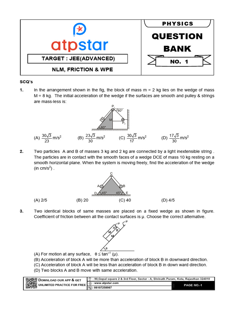 Phy - Question Bank - NLM, Friction & WPE - PC | PDF