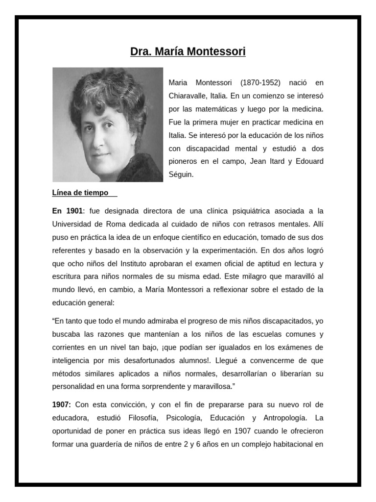 Dra. María Montessori: Línea de Tiempo en 1901 | PDF