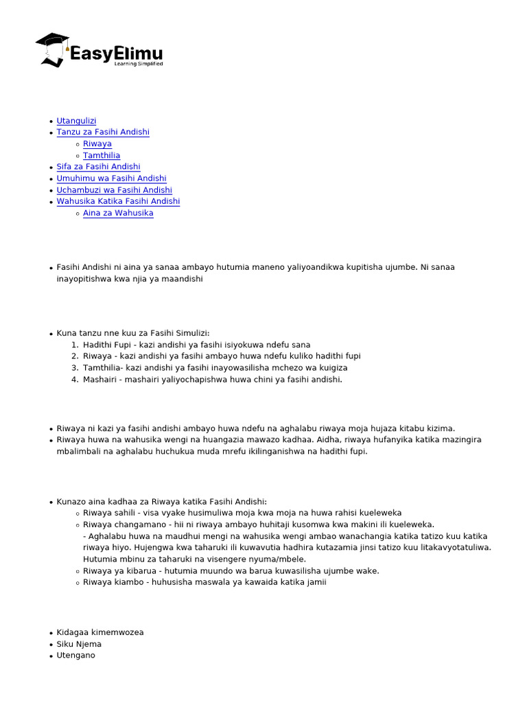 Fasihi Andishi - Kiswahili Fasihi Notes: Riwaya | PDF