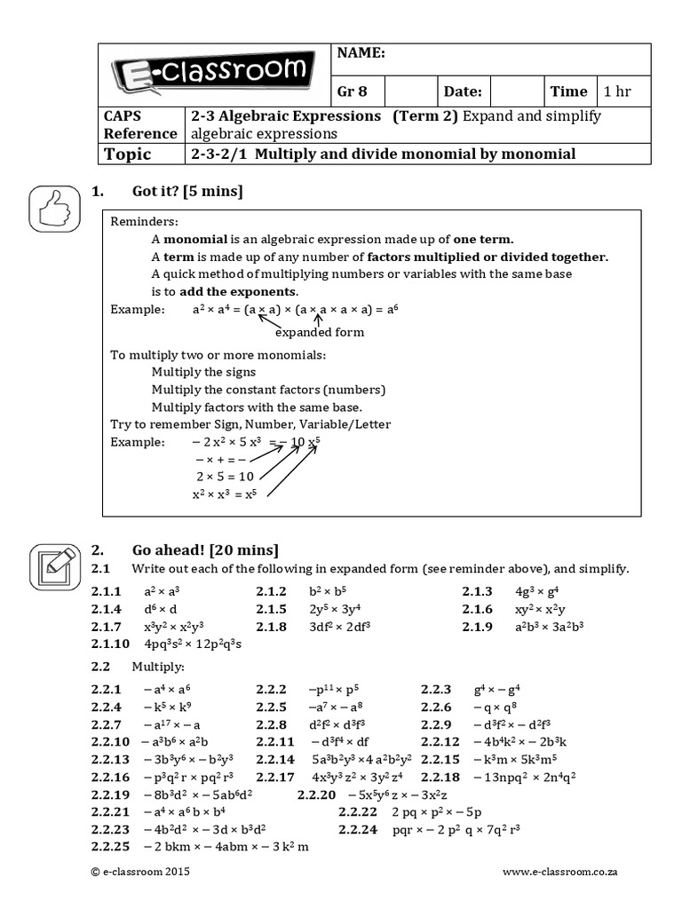 Grade 8 Algebra: Monomial Operations | PDF | Abstract Algebra | Algebra