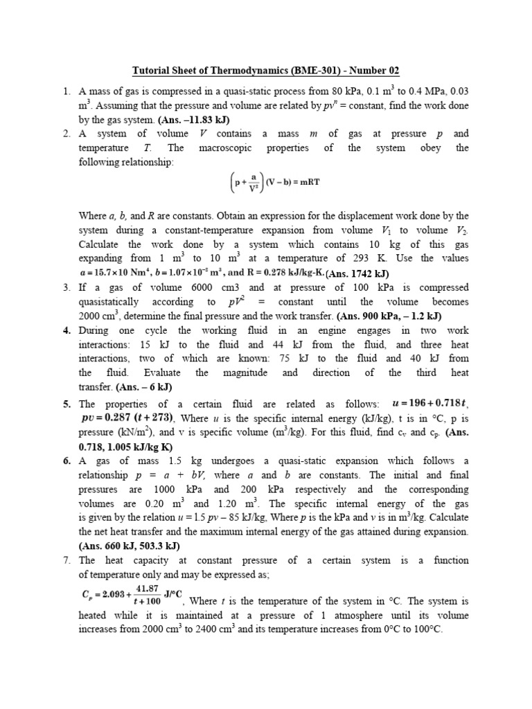Tutorial Sheet 2 Thermodynamics | PDF