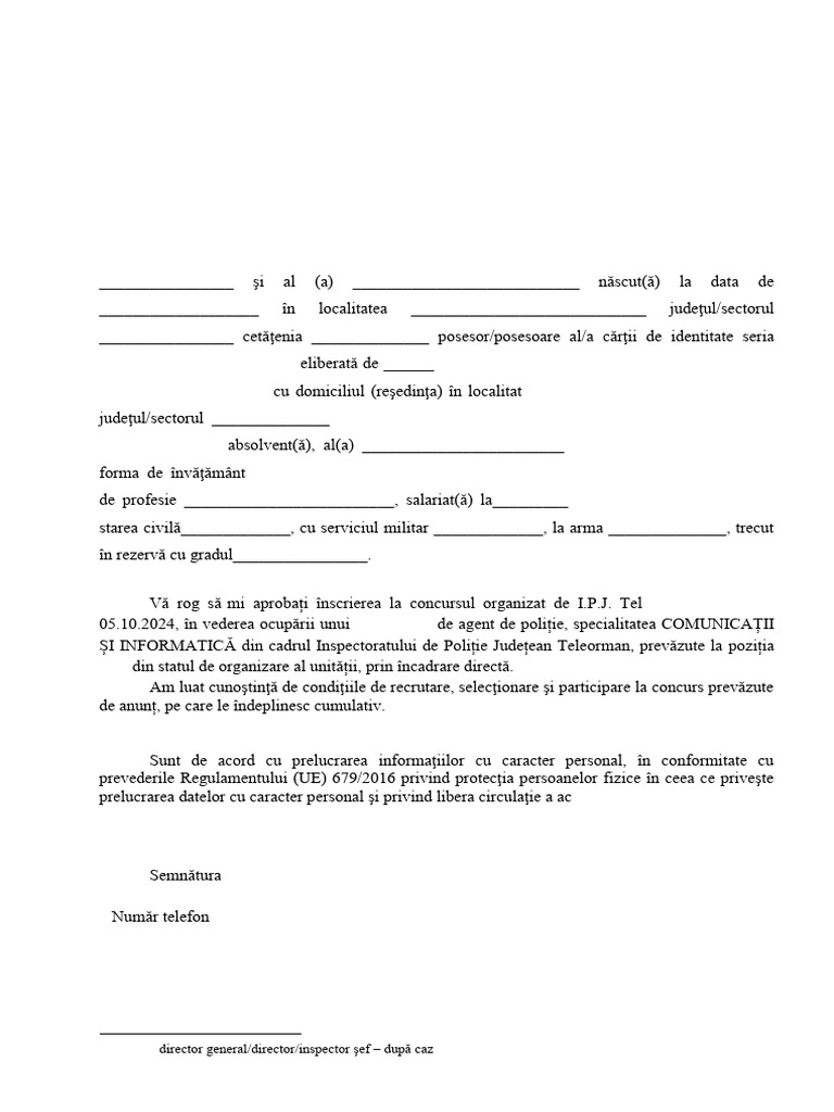 Model - Cerere Participare Concurs | PDF