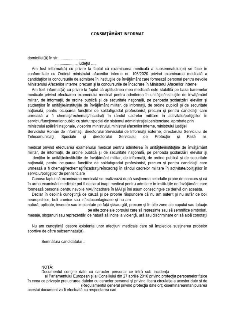 Consimtamant-Informat Examinare Medicala | PDF
