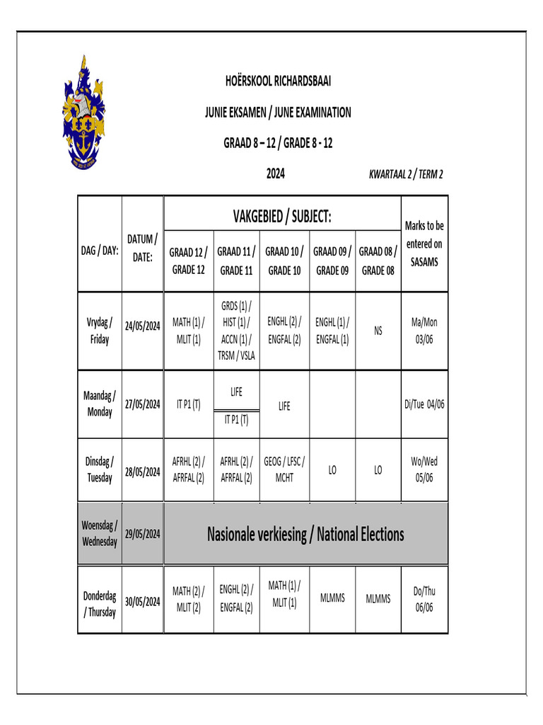 2024 Kwartaal 2 -Junie Eksamen Rooster - Final | PDF