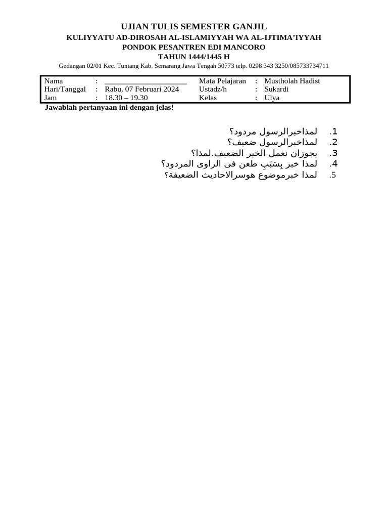 Soal Mustolahul Hadist Kelas Ulya | PDF