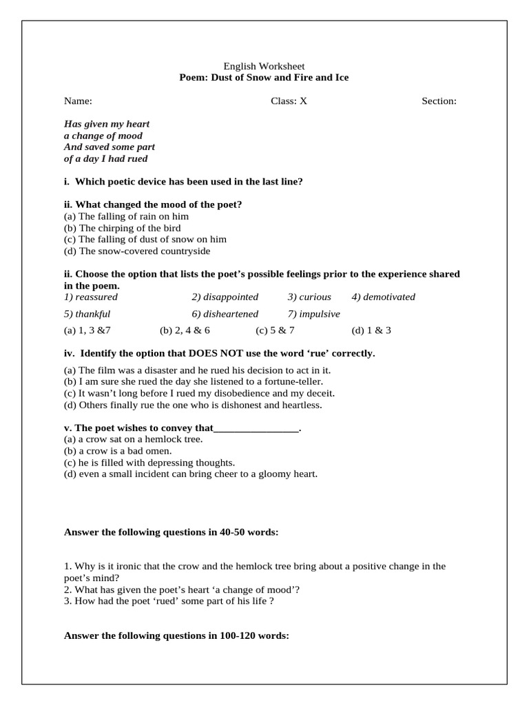 English Worksheet (Dust of Snow and Fire and Ice) 2 | PDF