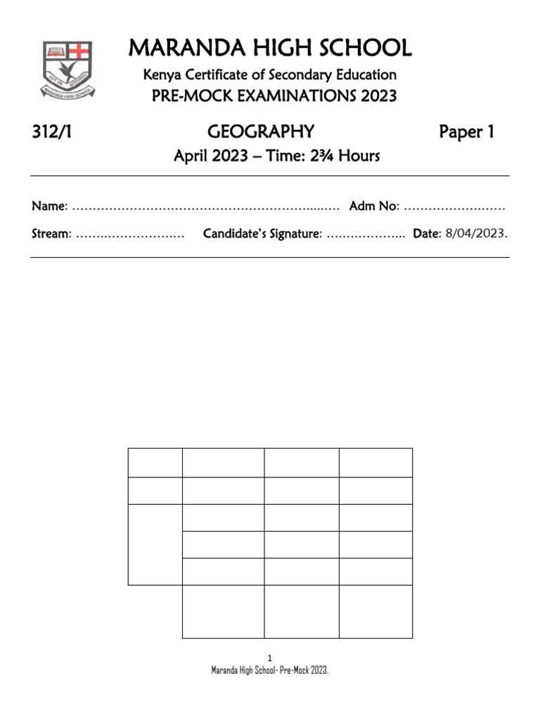 2023 Maranda Pre-Mock Geography Graphy Paper 1 Exam | PDF