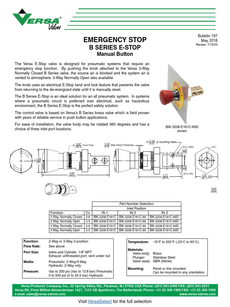 Versa Emergency Stop Manual Button Valve | PDF | Valve | Switch