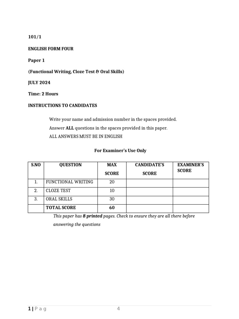 Form 4 Paper 1 Term 2 2024 Question Paper Final | PDF