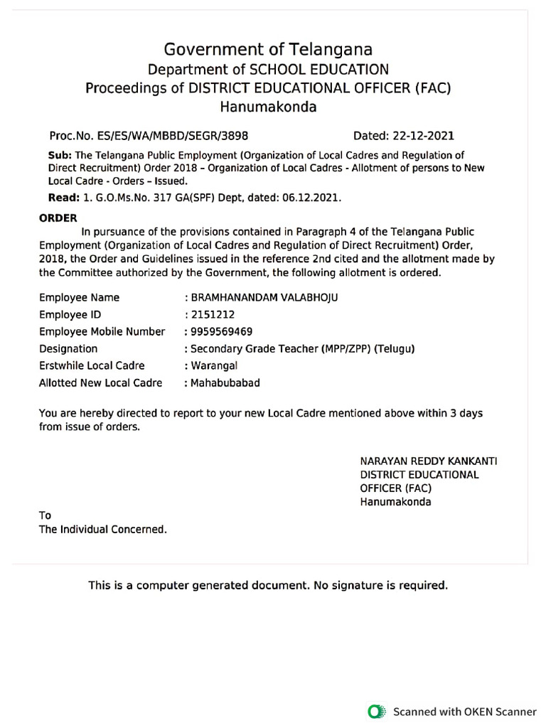 Warangal District Allotment Order | PDF