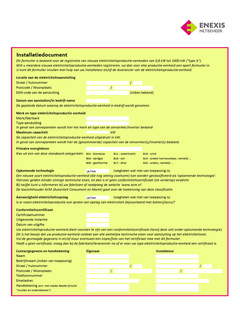 Formulier Installatiedocument Met - 2019 | PDF