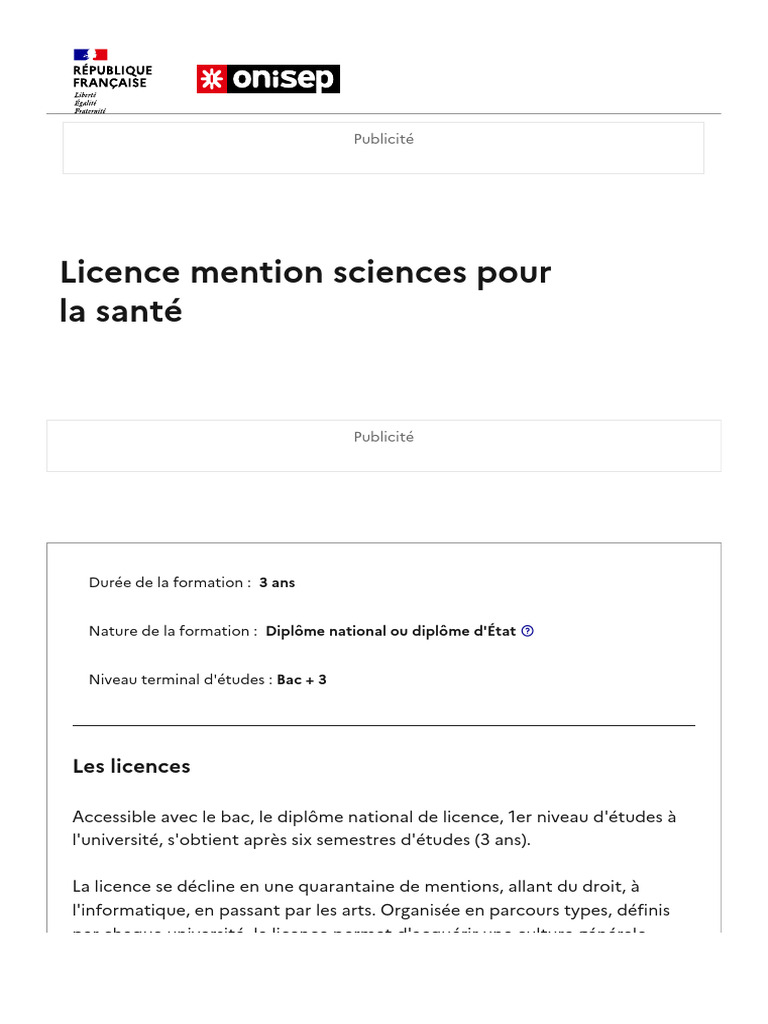 Licence Mention Sciences Pour La Santé - Onisep | PDF