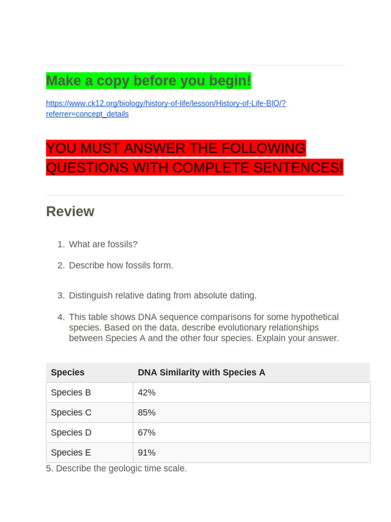 Derriona Jones - CK12 History of Life Review Questions | PDF