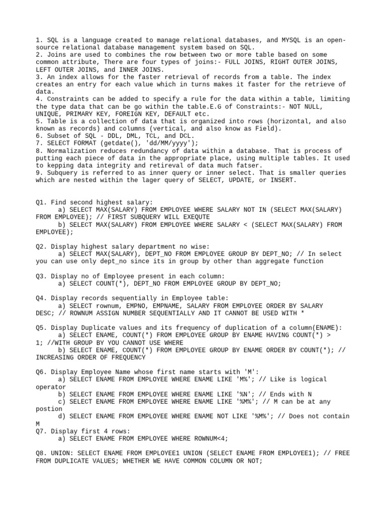 SQL Basic Ques | PDF