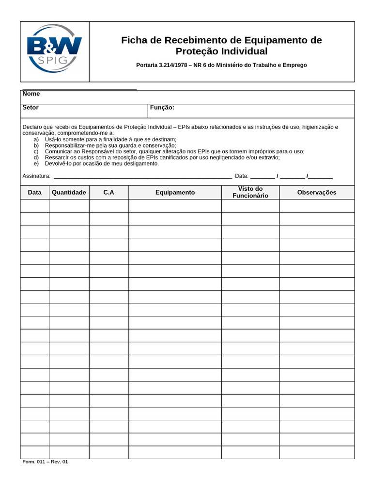 Formulário - 011 - Ficha Controle de EPI'S | PDF