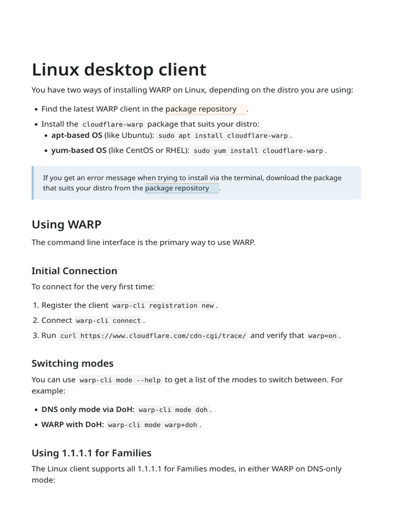Linux Desktop Client Cloudflare WARP Client Docs | PDF