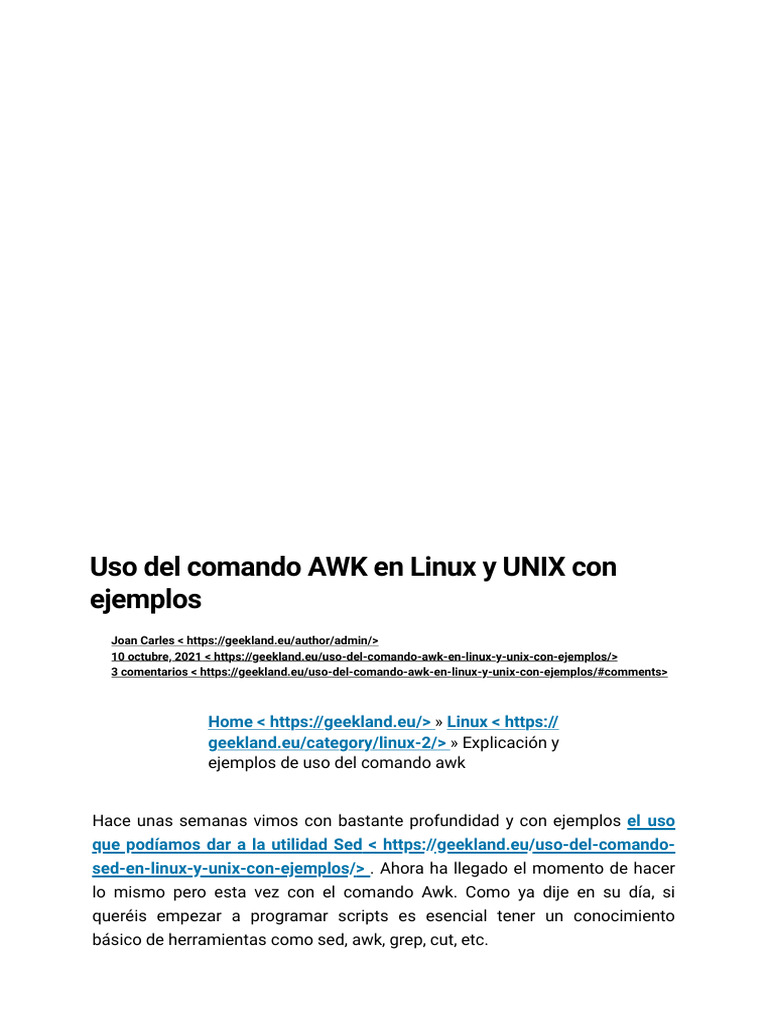Uso Del Comando AWK en Linux y UNIX Con Ejemplos | PDF