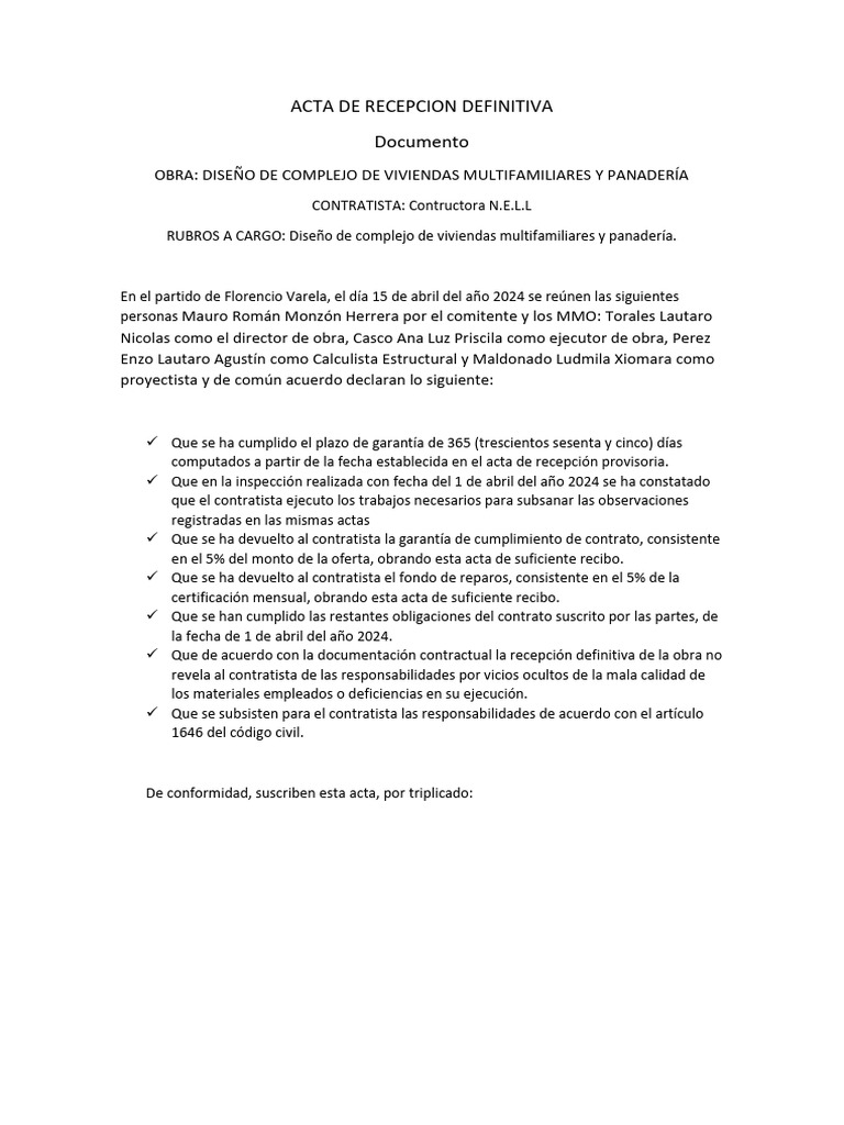 Acta de Recepcion Definitiva | PDF