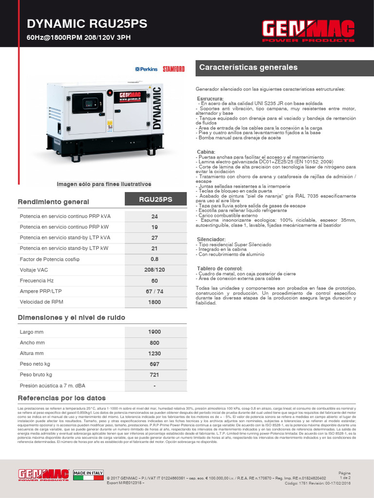 Ficha Técnica Genmac Dynamic Rgu25ps 27kva 3F 120208V | PDF