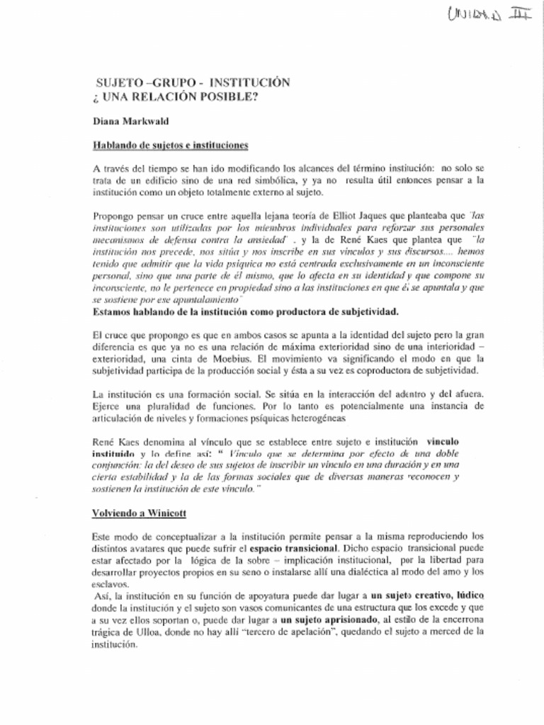 Markwald, D. Hablando de Sujetos e Instituciones. | PDF