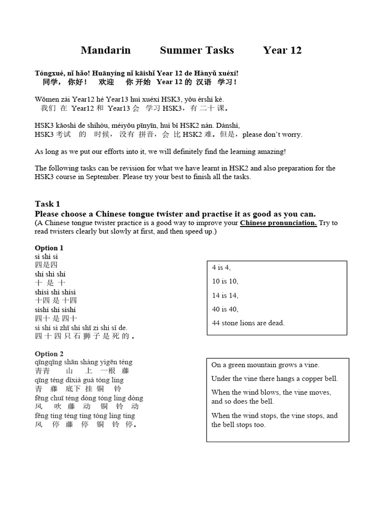 Mandarin Summer Tasks 2024 | PDF