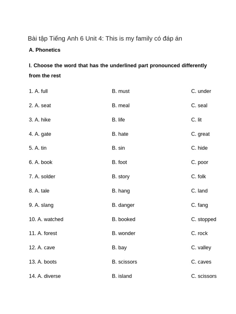 Bài tập Tiếng Anh 6 Unit 4: This is my family có đáp án | PDF