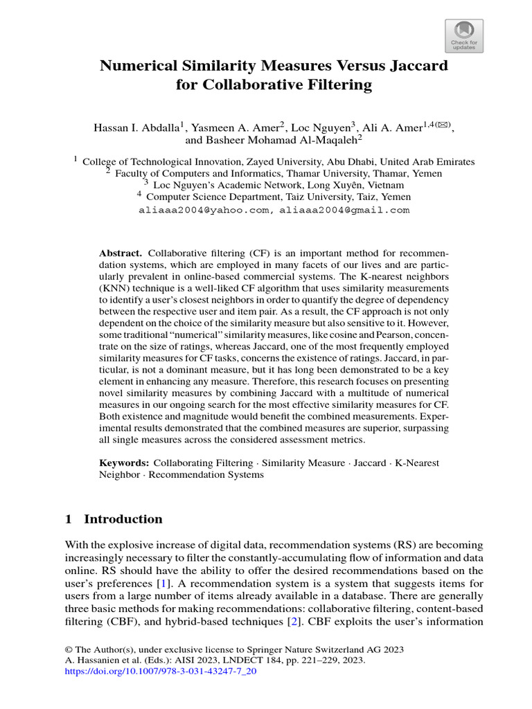 Numerical Similarity Measures Versus Jac | PDF