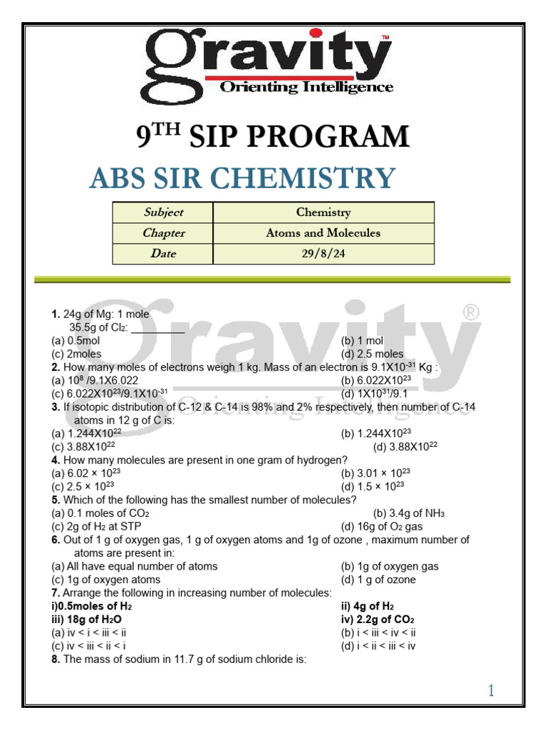 MCQ-3 Atoms and Molecules SIP | PDF