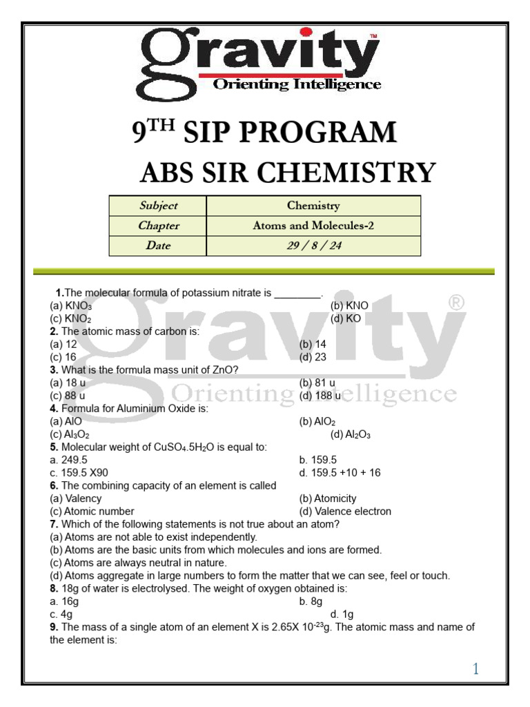 MCQ-2 Atoms and Molecules SIP | PDF