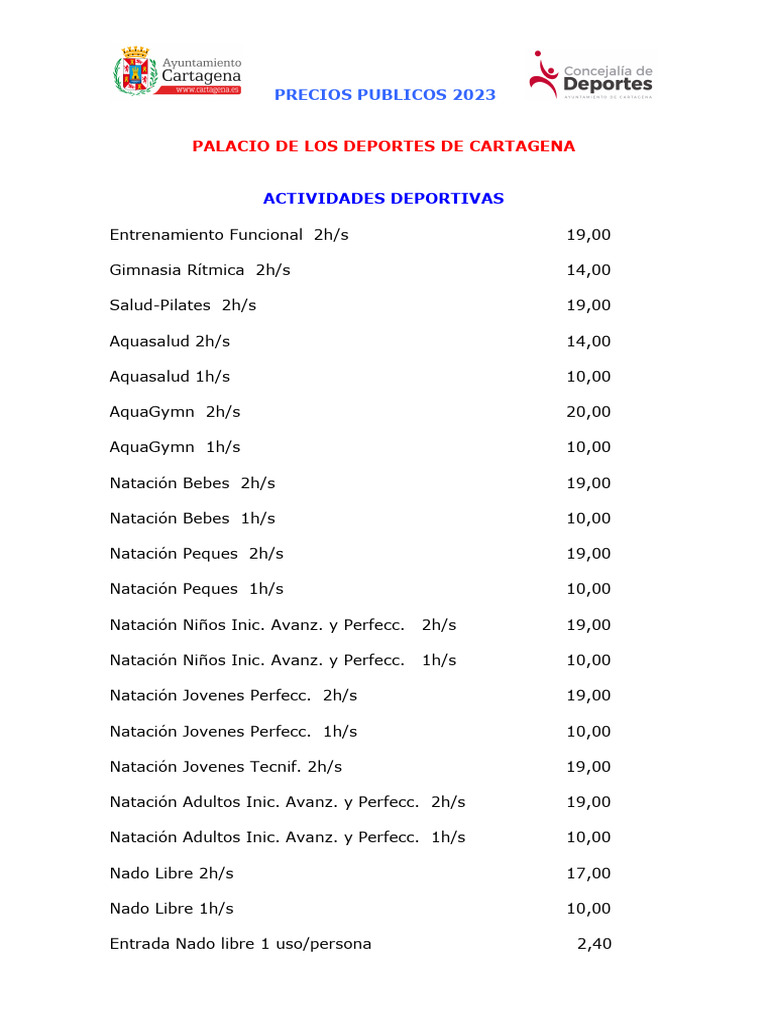 Precios Publicos 2023 Palacio Deportes | PDF | Salud y bienestar