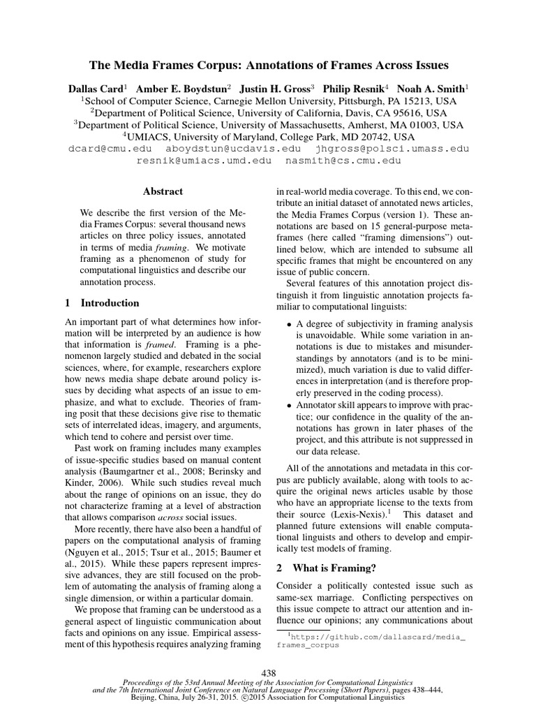 Media Framing Annotations (Corpus) | PDF