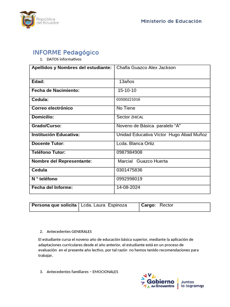 Informe Pedagogico Formato para Docentes 4 Areas Alex Jackson Chafla ...