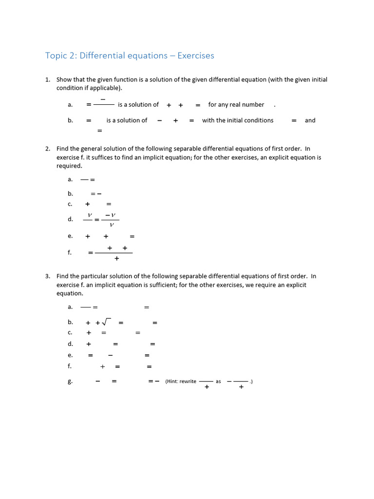 Topic 2 Differential Equations (With Solutions) | PDF