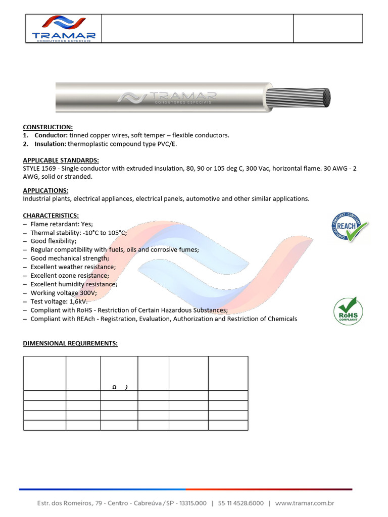 FICHA TECNICA CABOS TRAMAFLEX UL STYLE 1569 300V | PDF
