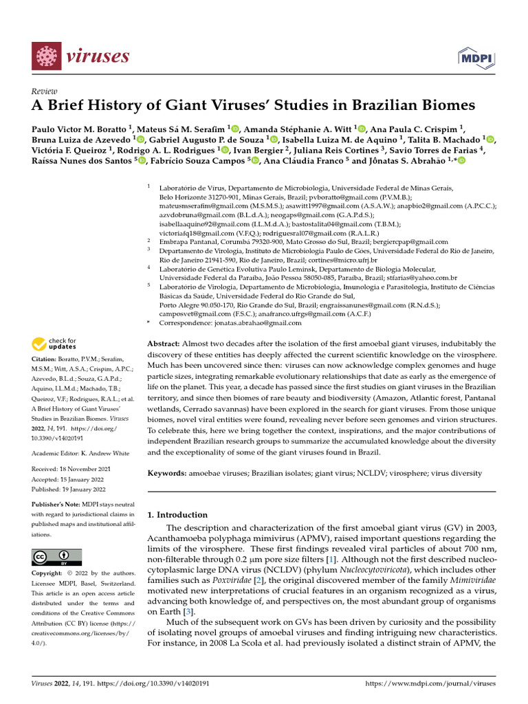 2022 A Brief History of Giant Viruses' Studies in Brazilian Biomes | PDF