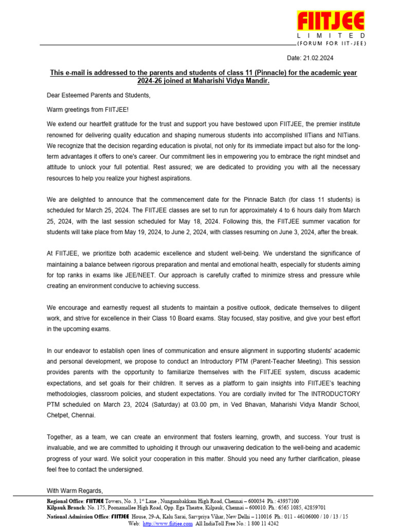 MVM - Batch Start Intimation Class 11 2024 | PDF | Career & Growth ...