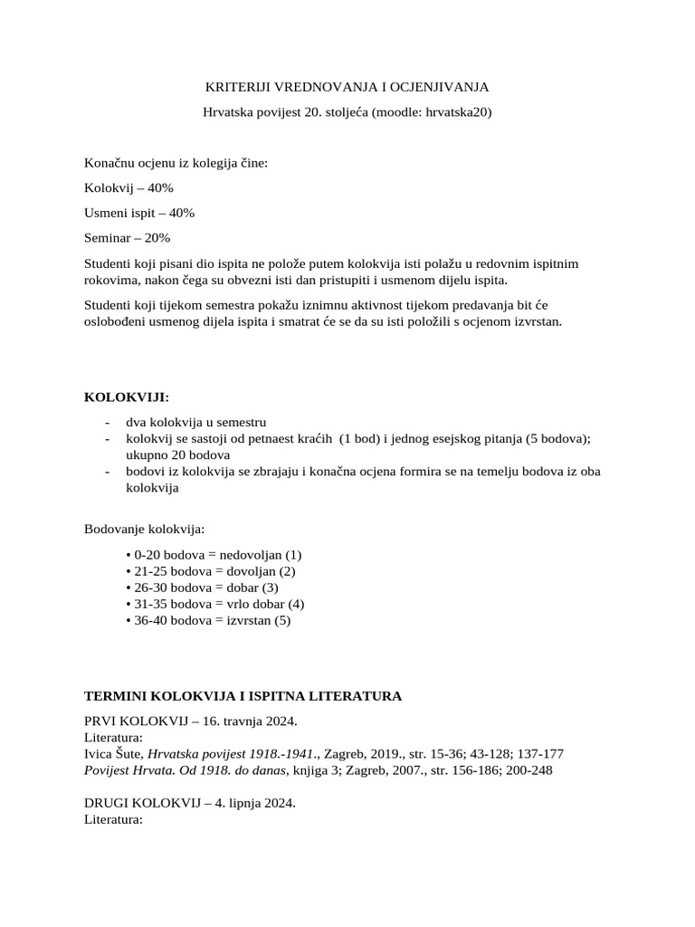Kriteriji, Ispitna Literatura I Termini Kolokvija | PDF