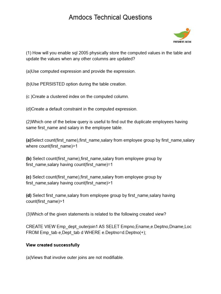 Amdocs Technical Questions Paper | PDF | Table (Database) | Computer Data