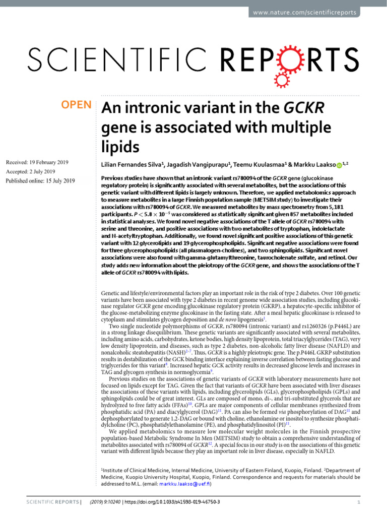 An Intronic Variant in The GCKR Gene Is Associated With Multiple Lipids ...