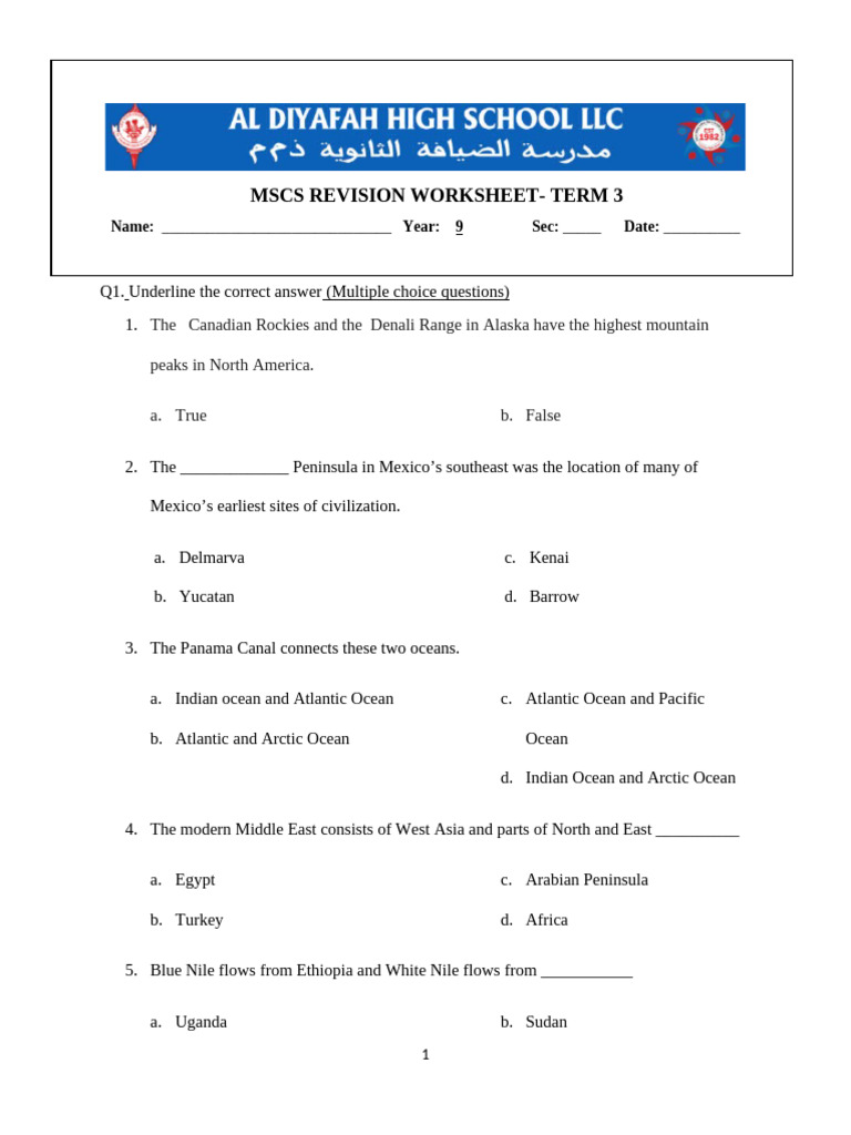 Yr 9 MSCS Revision Worksheet Term 3 | PDF